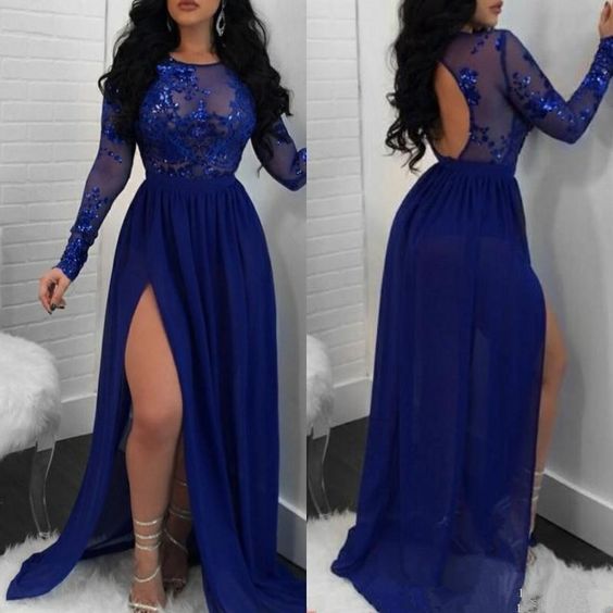 Long Sleeve High Slit Appliques Evening Dress, Dark Blue A Line Long ...